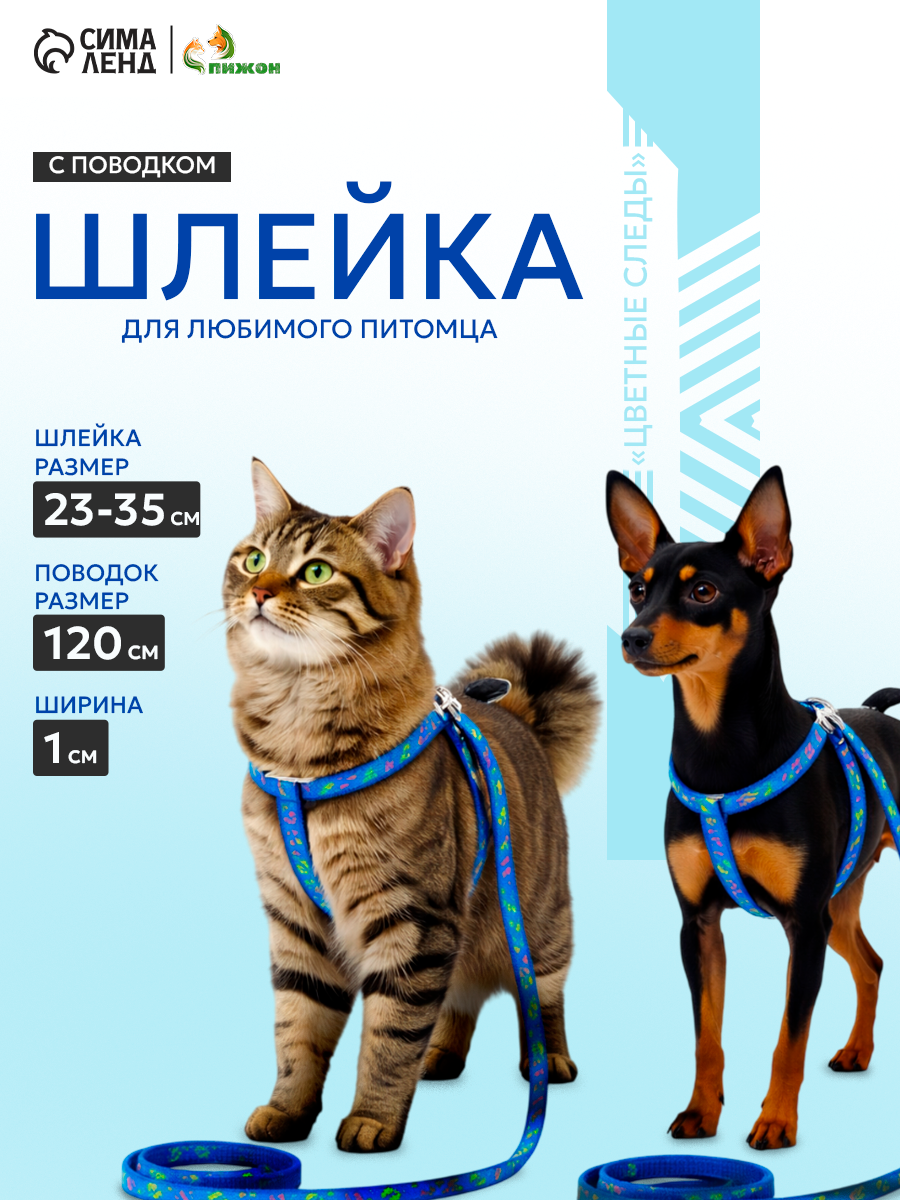 Комплект "Цветные следы", ширина 1 см, поводок 120 см, шлейка 23-35 см, синий