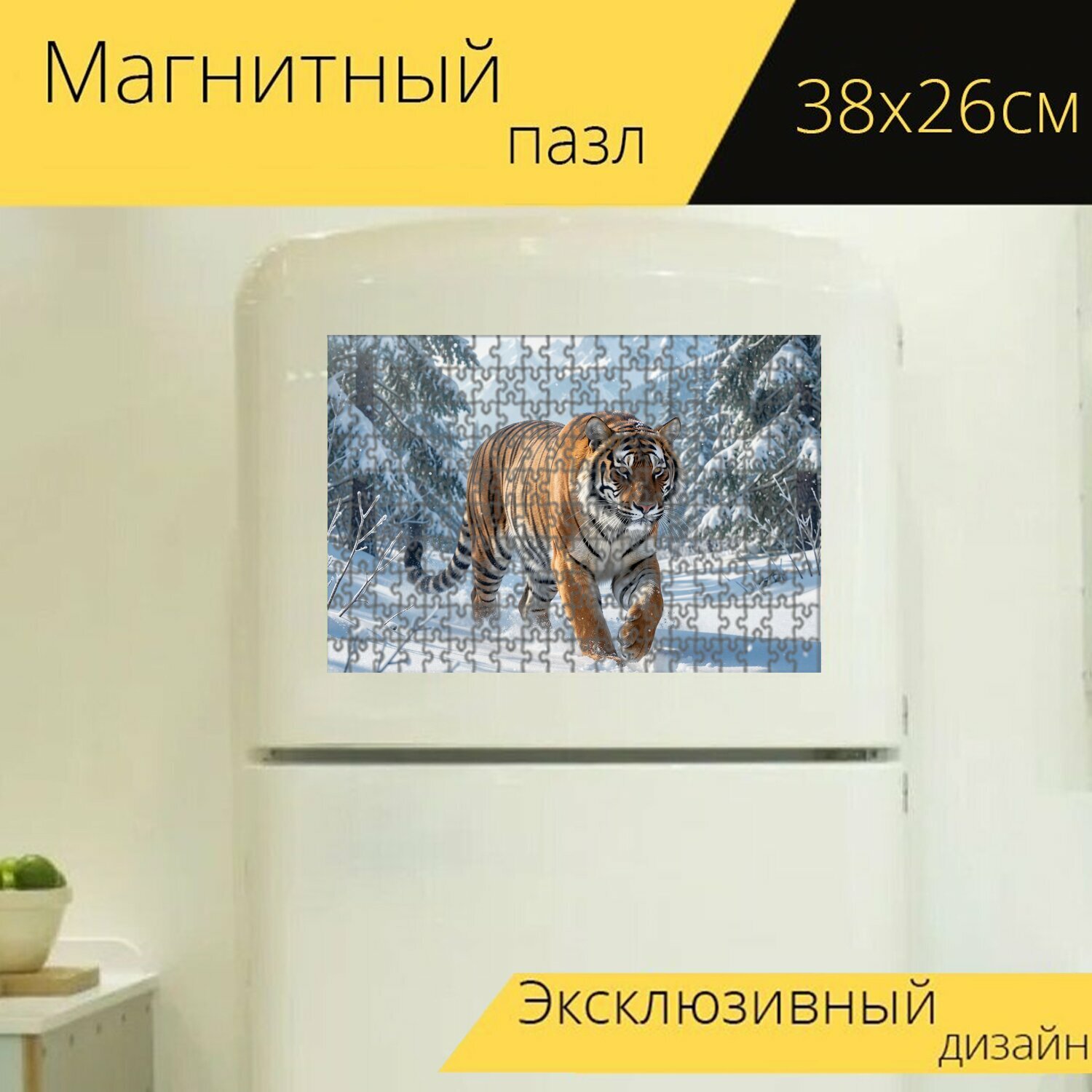Магнитный пазл "Тигр в зимнем лесу. Величественный хищник идет по глубокому снегу среди заснеженных елей и горных вершин. Реалистичная зимняя сцена в." для интерьера, 38х26 см.
