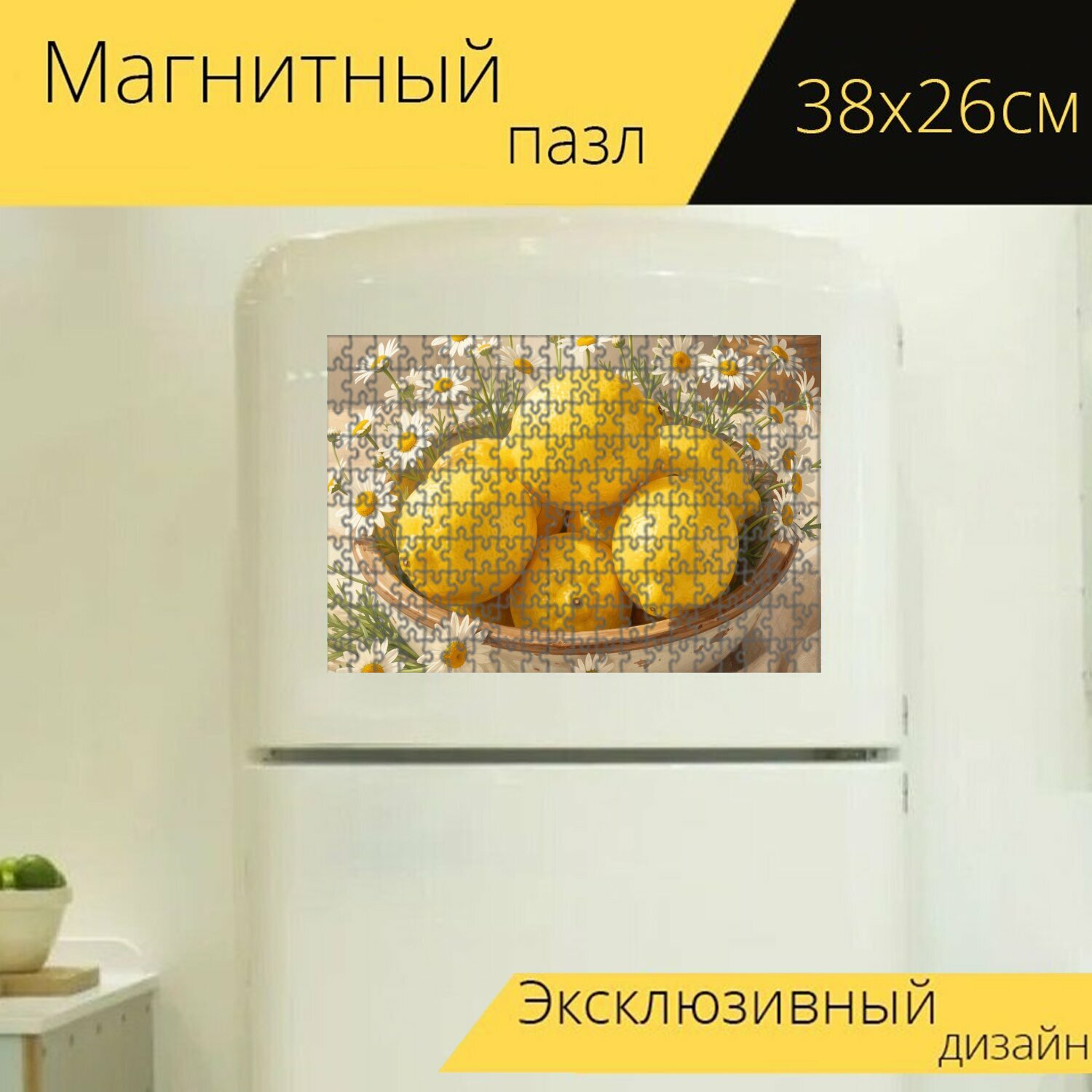 Магнитный пазл "Лимоны и ромашки в миске. Солнечная летняя композиция с яркими цитрусами и нежными полевыми цветами в керамической чаше. Тёплые жёлто-белые." для интерьера, 38х26 см.