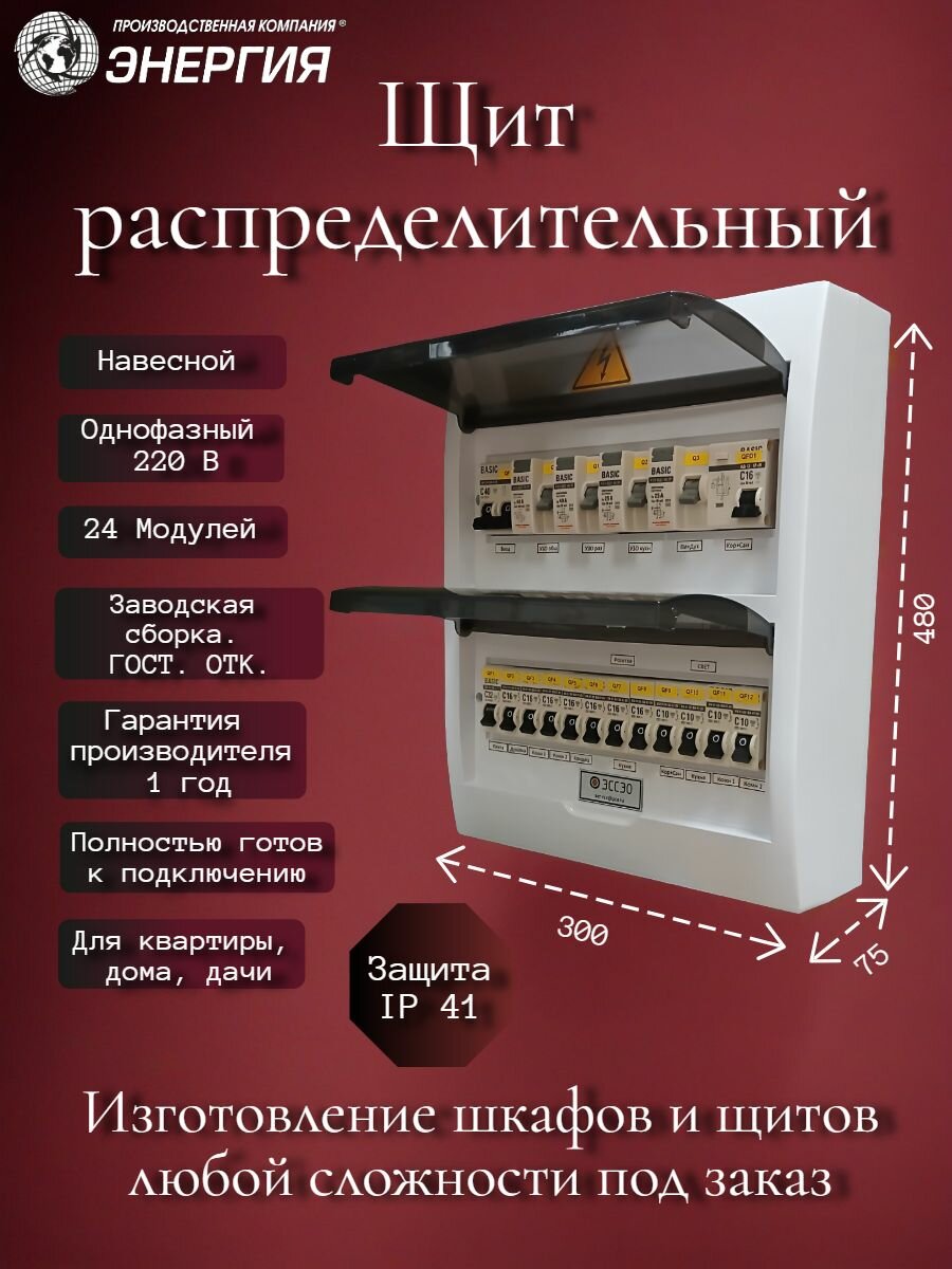 Щит распределительный в сборе, 24 модуля, 1-фазный, 220В, навесной, готов к подключению