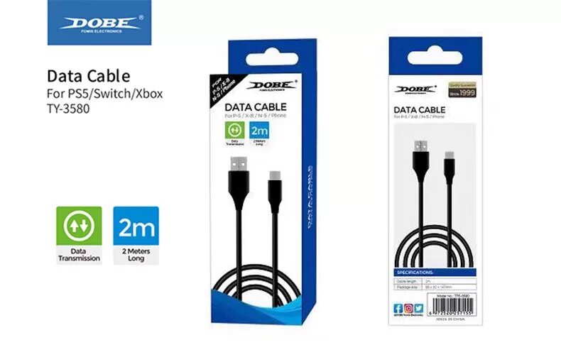 DOBE PS5/Xbox Зарядный Кабель USB-C 2M для PlayStation 5 и Xbox Series X/S, Быстрая Зарядка и Передача Данных