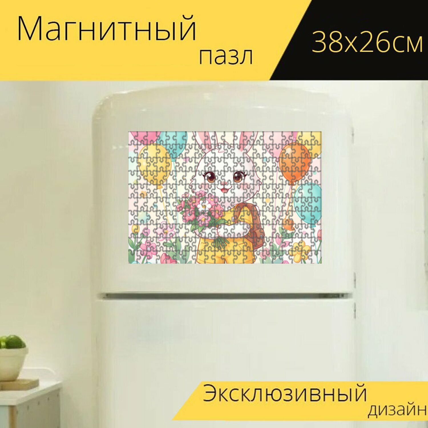 Магнитный пазл "Милый зайчик с цветами. Нежный детский рисунок с белым кроликом в жёлтом комбинезоне и рюкзаком, букетом розовых ромашек, воздушными шарами." для интерьера, 38х26 см.