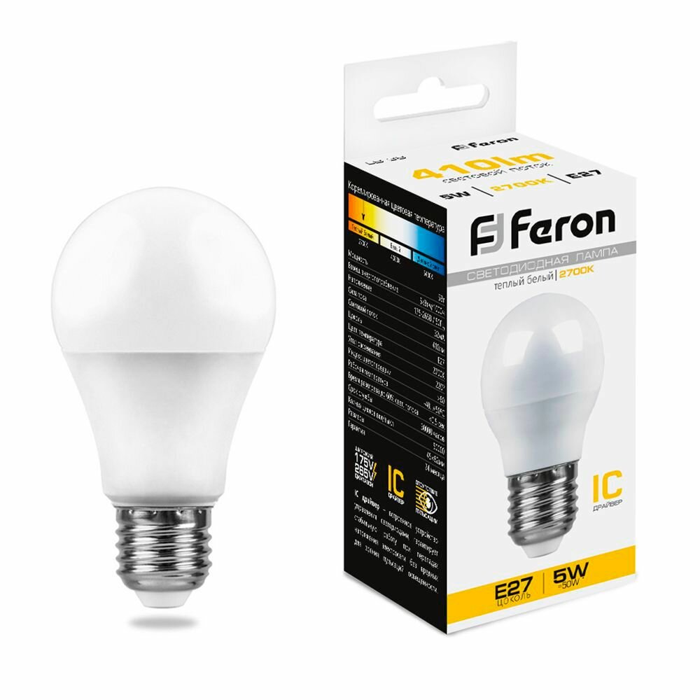 Лампа светодиодная E27 5 Вт G45 шар теплый белый свет 2700K Feron LB-38 25404