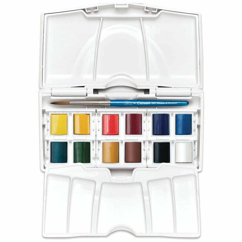 Акварель Winsor&Newton "Cotman" Pocket plus, 12цв, мал. кюв, компакт. кисть, пласт. карманная коробка