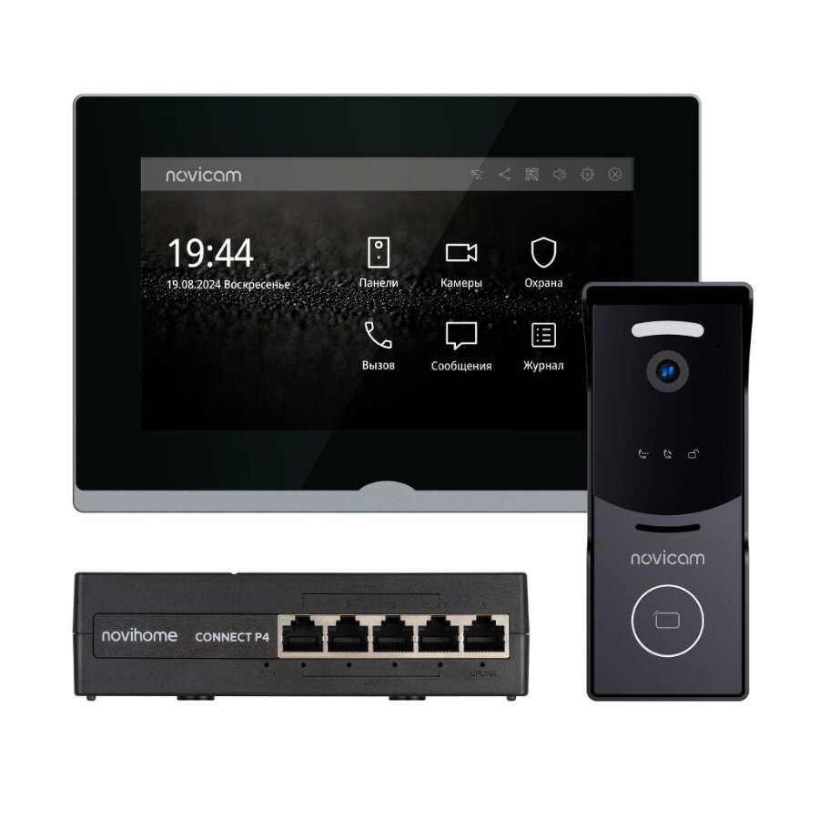 Комплект из IP-видеодомофона, IP-вызывной панели и PoE-коммутатора Novicam IMPULSE 7 IP KIT BLACK