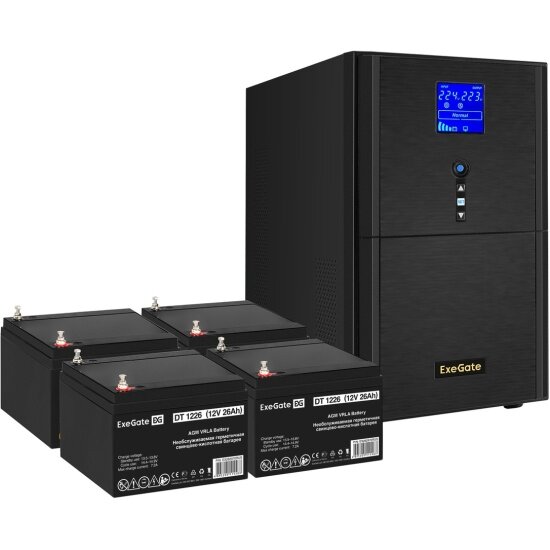 Комплект ИБП Exegate SineTower SZ-5000. LCD. AVR.2SH.1C13. T. RJ. USB + Батарея 26Aч, 4 шт. 5000VA/4000W