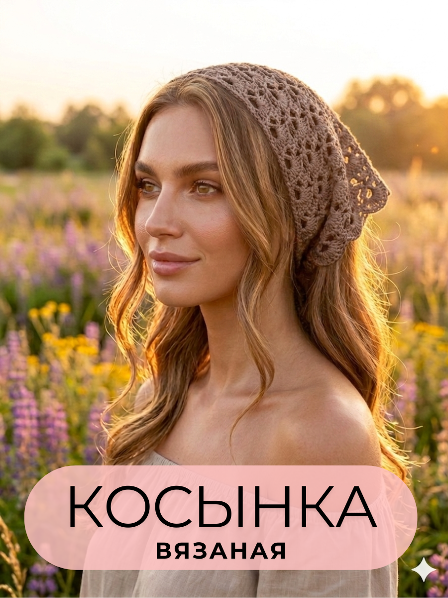 Косынка бандана летняя кружевная ажурная вязаная на голову летний головной убор