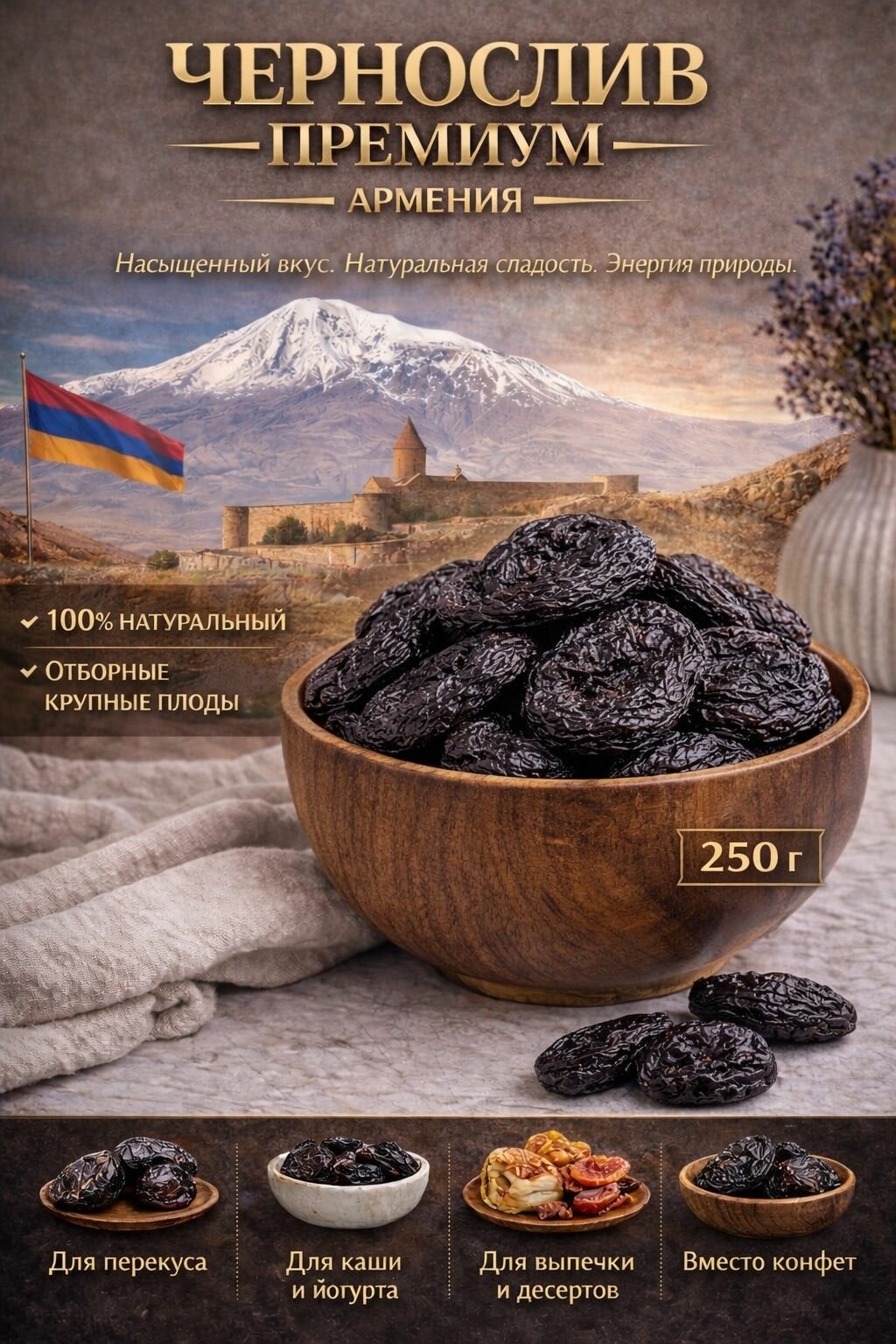 Чернослив сушёный отборный натуральный, без косточки, без сахара Армения 250 г