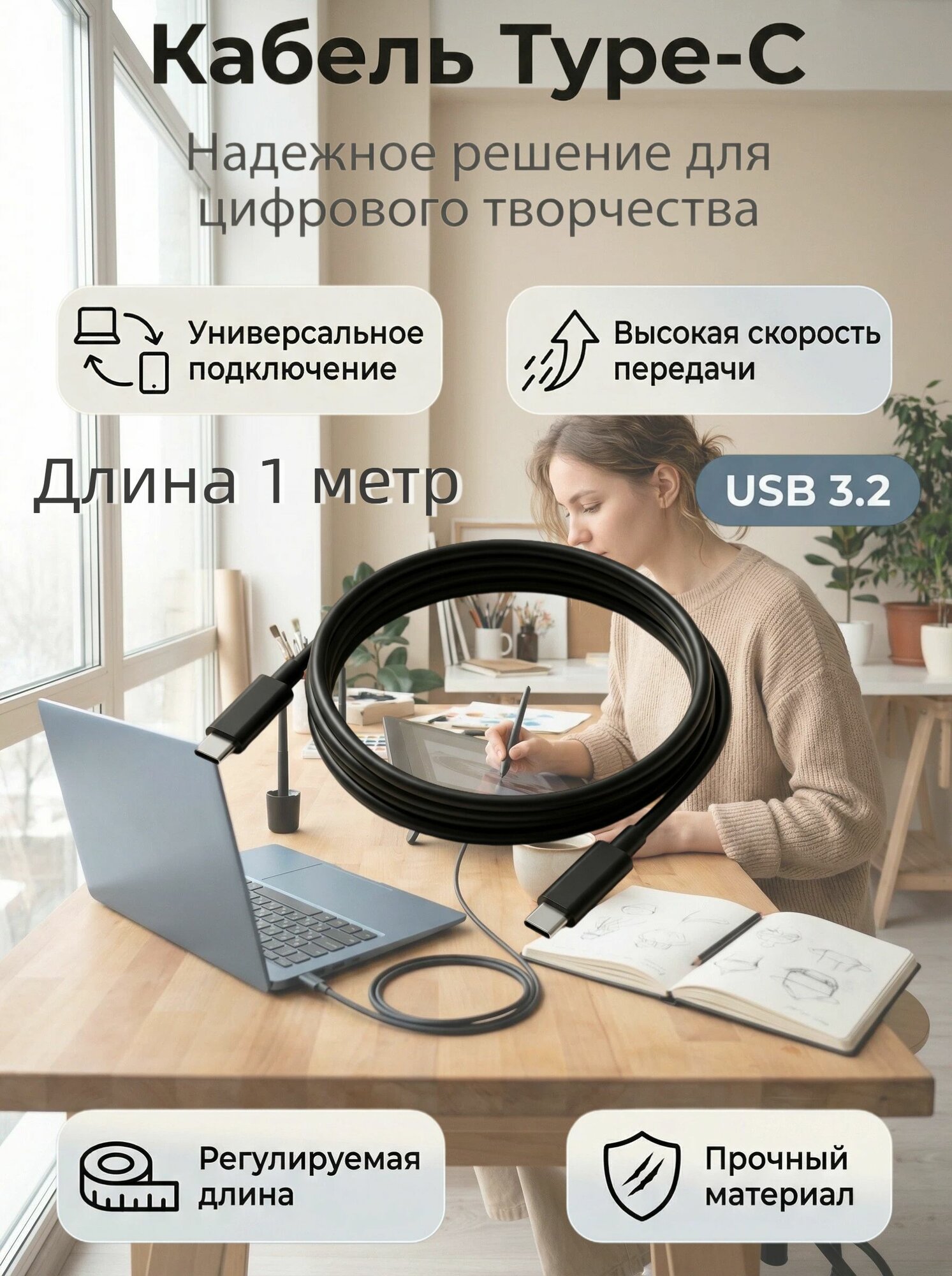 Кабель Type-C для Huion Kamvas 1м USB 3.2 для графического планшета