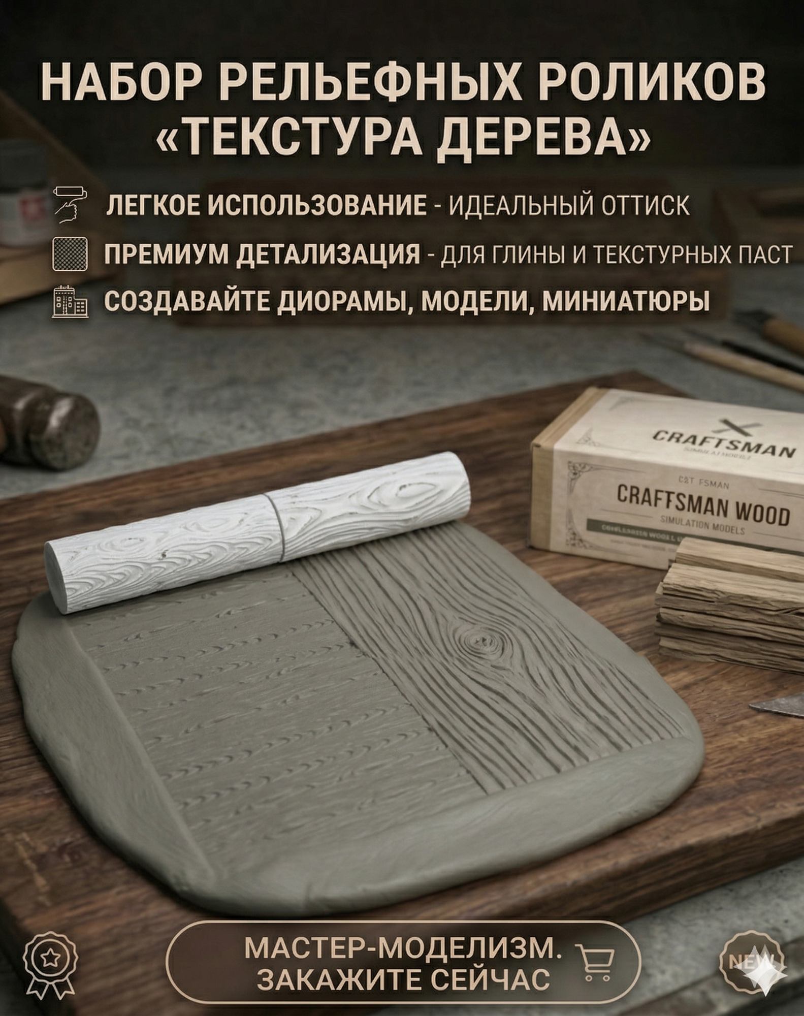 Набор рельефных роликов "дерево", для глины и полимерной глины, 2 шт