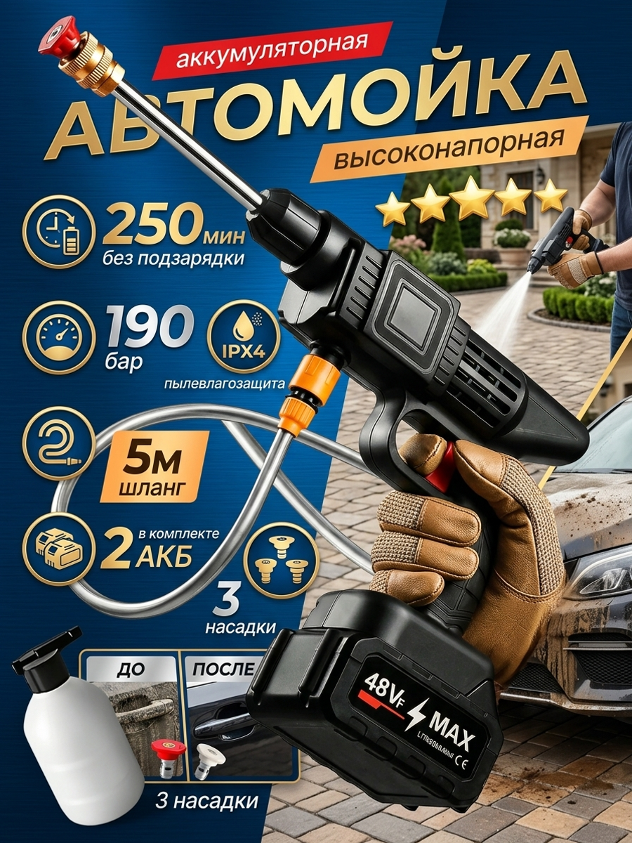 Аккумуляторная автомойка , высокого давления , для автомобиля в кейсе, 2 аккумулятора, минимойка с пенообразователем
