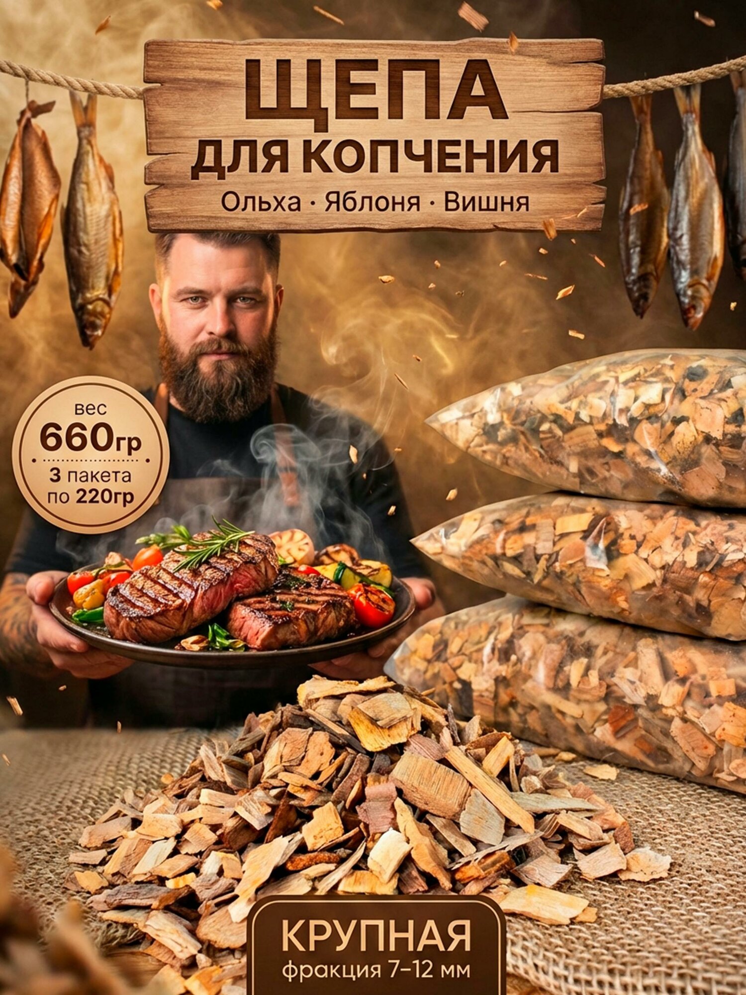 Щепа для копчения. Набор: вишня, ольха, яблоня
