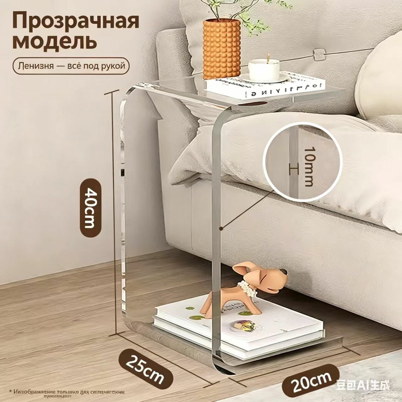 Журнальный столик, акрил, пластиковая рама, универсальный, прозрачный цвет, 25х20х40см