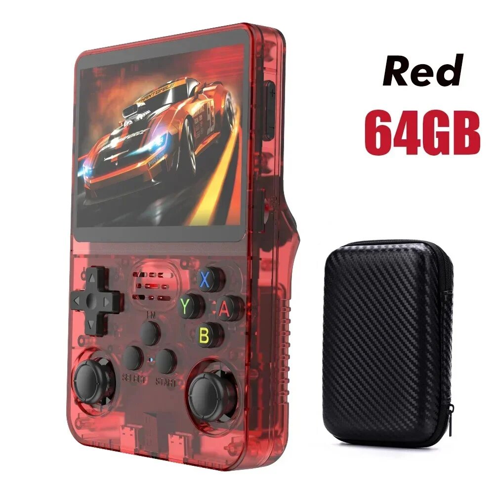 Портативная игровая консоль R36S, 64ГБ, Красный прозрачный