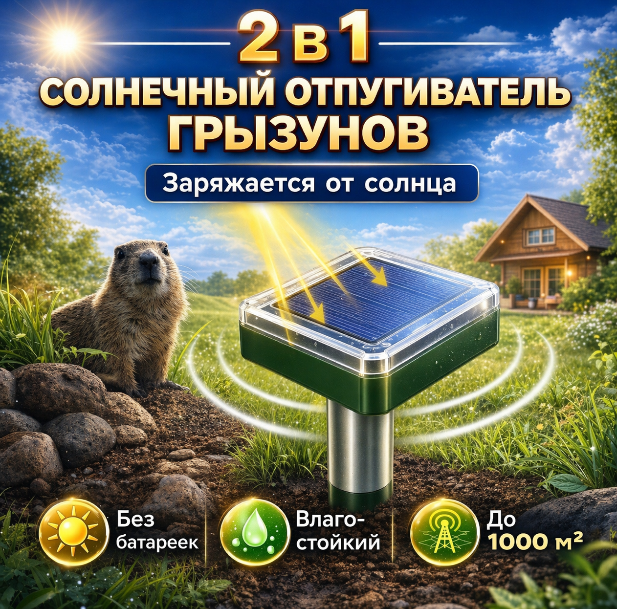Ультразвуковой отпугиватель кротов и грызунов на солнечной батарее, 2 в 1 с подсветкой, защита участка до 1000 м²