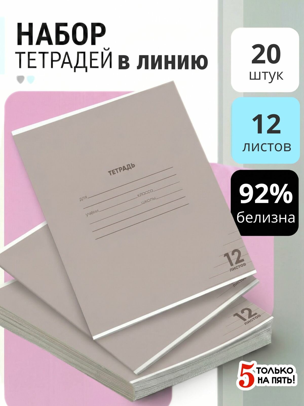 Набор Тетрадь 12 л. в линию "серая" 20 шт, обл. мелов. карт (200г/м2), блок офсет (92%,60г/м2)