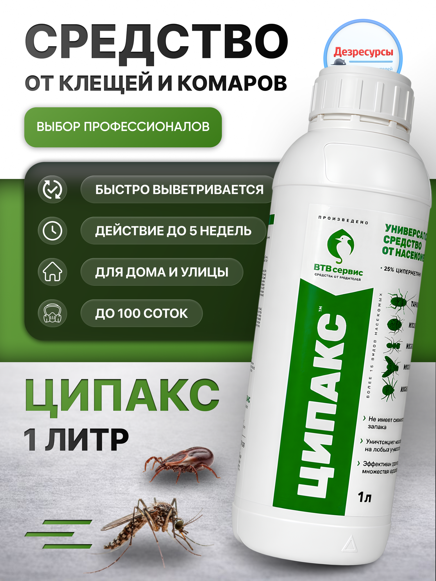 Ципакс (Циперметрин 25%), от клещей, комаров, мух и мошек, 1 л