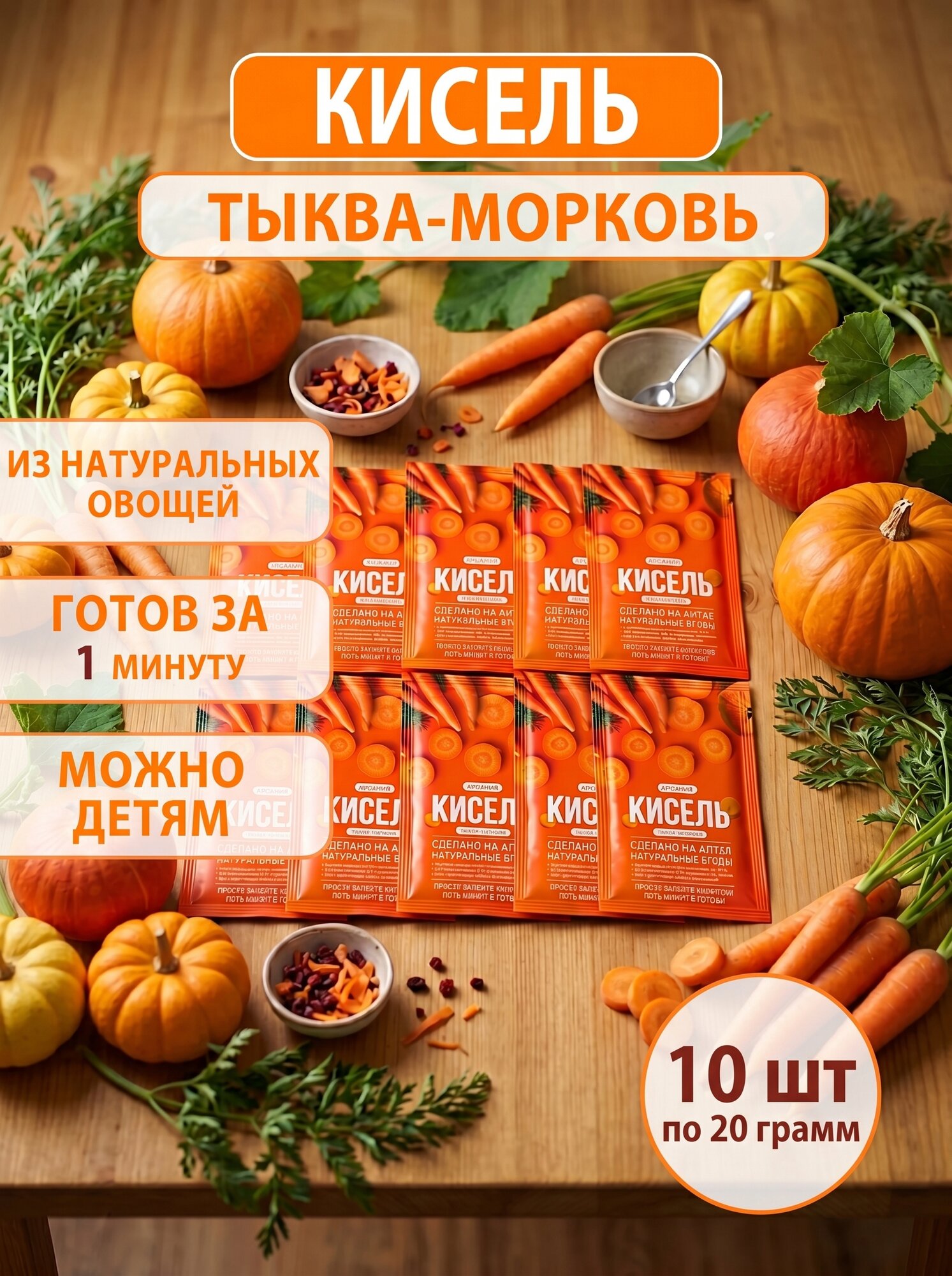 Кисель Тыква-морковь желудочный быстрого приготовления сухой с витаминами 10 пакетиков по 20 гр