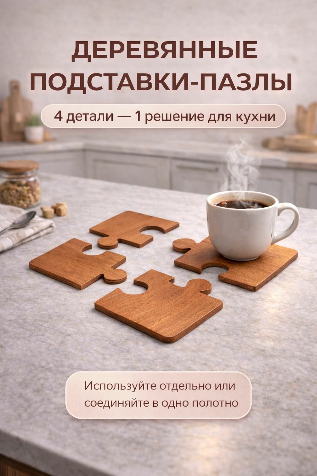 Деревянная подставка Пазл, под горячее, заварник, сковородку.