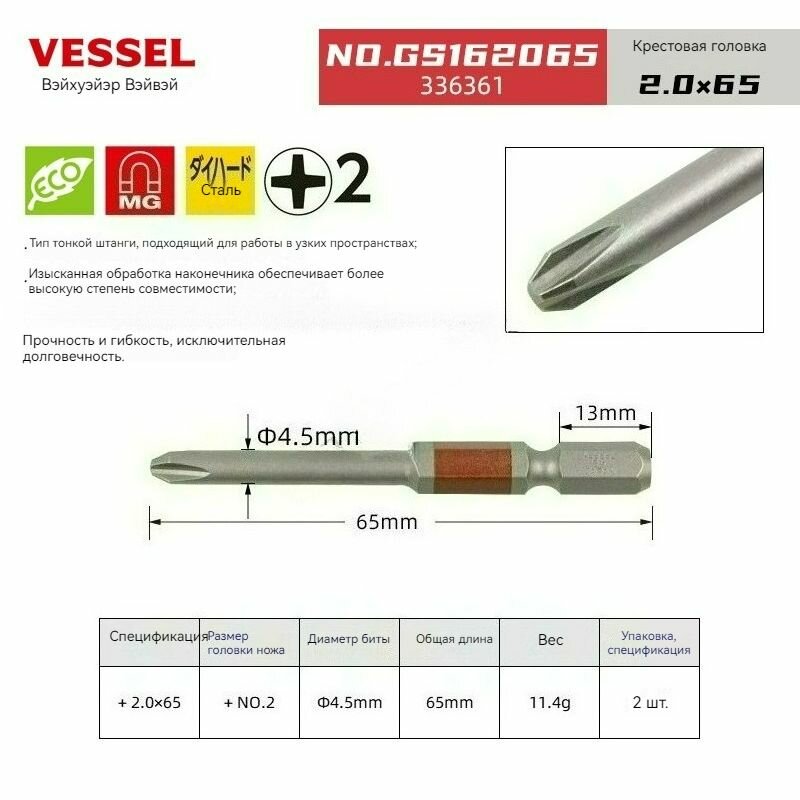 Головка торцевая VESSEL GS162065, магнитный держатель, 1/4", 9 бит