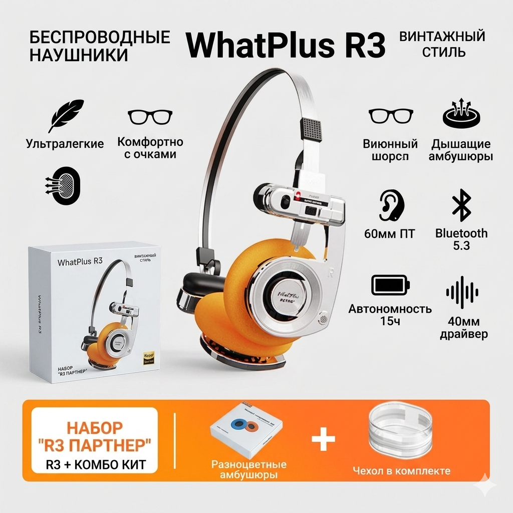 Ретро-наушники WhatPlus RETRO R3 с оголовьем, Bluetooth5.3, оранжевый