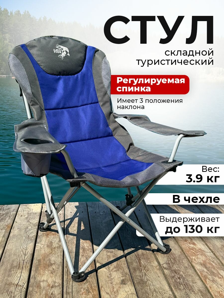 Стул складной туристический "улов" с регулируемой спинкой, стул походный в чехле, для рыбалки, туризма и отдыха, синий