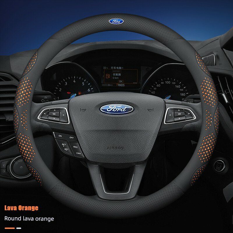Кожаная перфорированная накладка на руль круглой формы с логотипом Ford, оранжевый цвет Lava для моделей Ford Focus