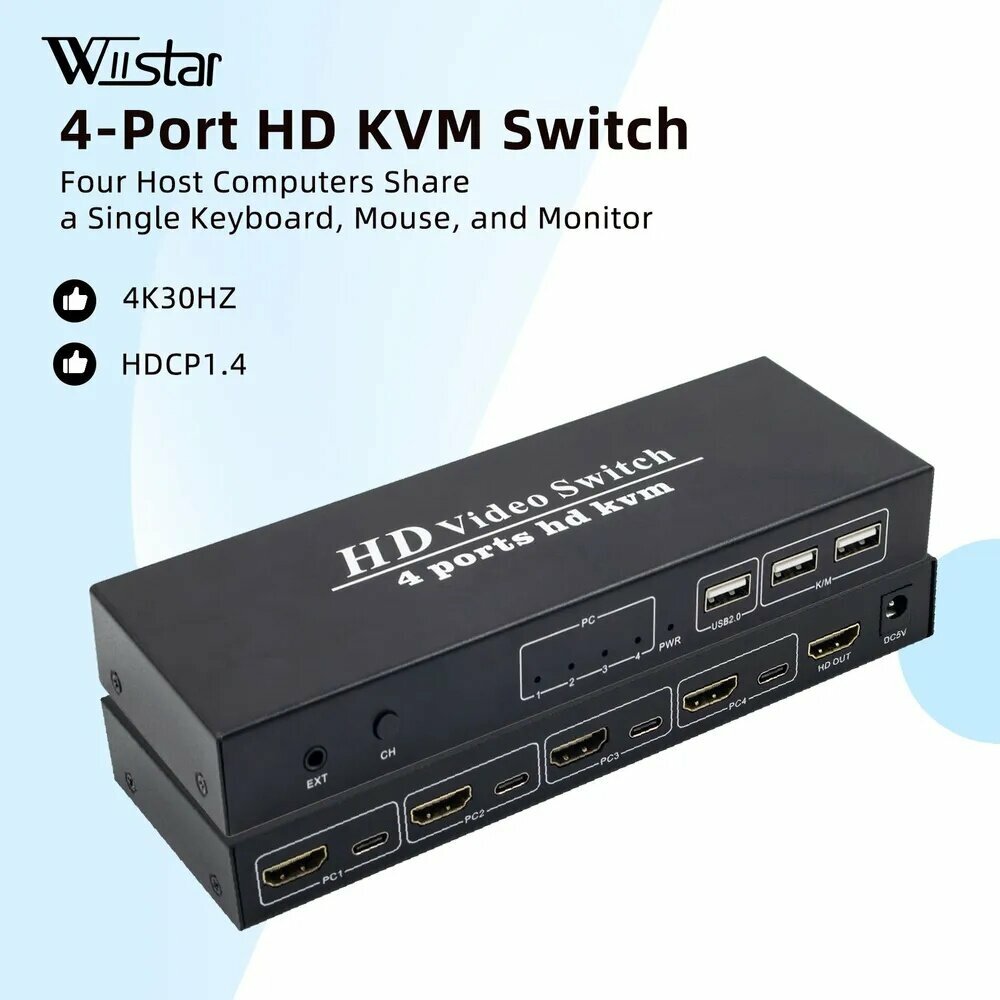 HDMI KVM-переключатель 4 порта для 4 компьютеров, совместно использующих один монитор, клавиатуру, мышь, принтер