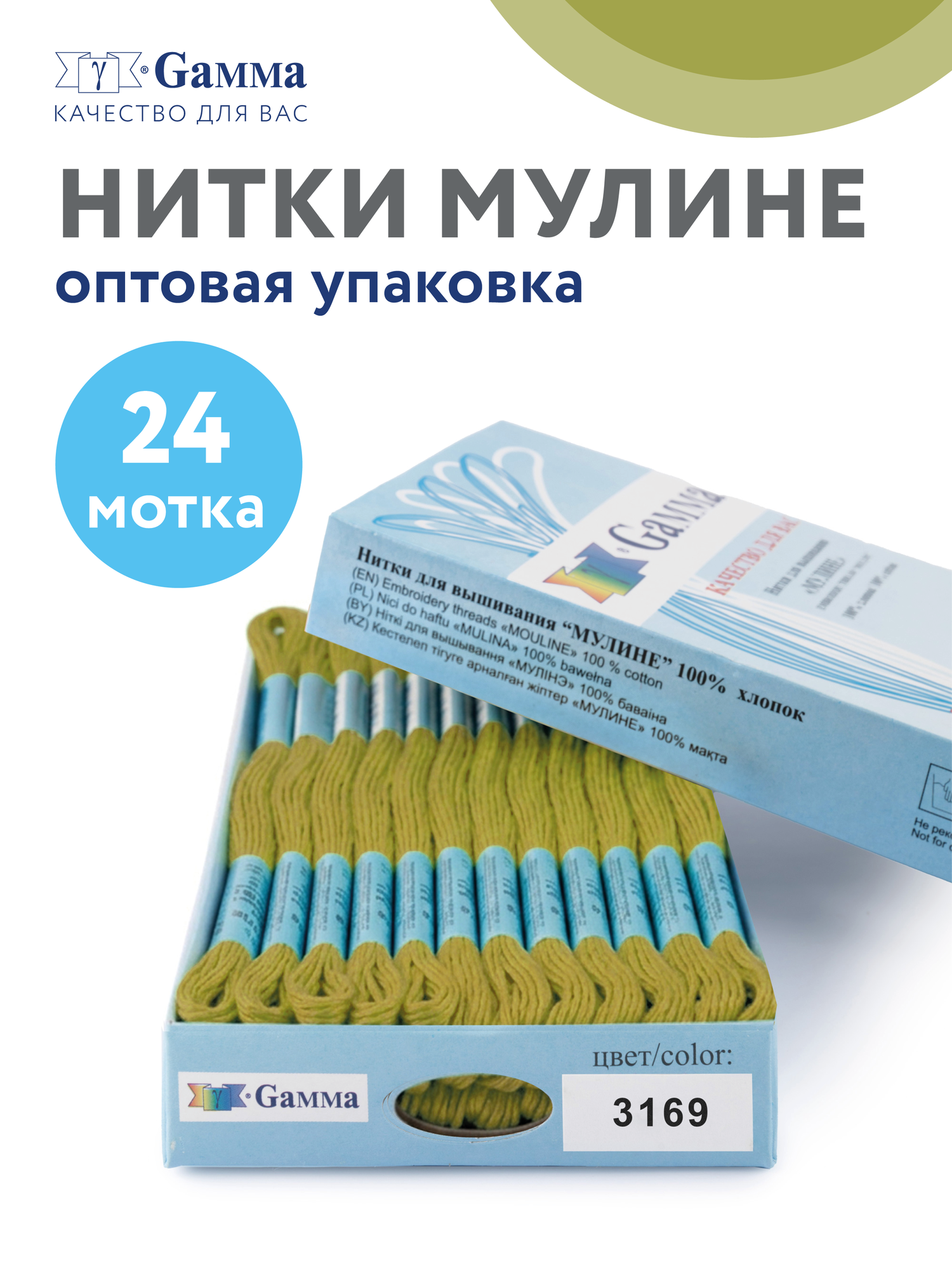 Набор ниток мулине Гамма 24 шт 8 м оптом для вышивания №3169 св. зеленый