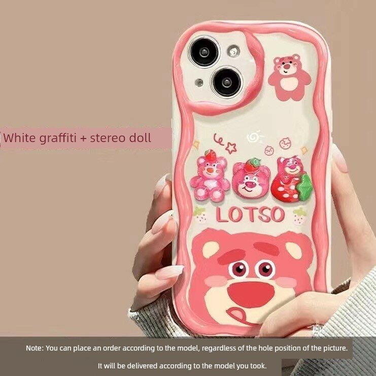 Чехол для iQOO Z5 с белой граффити-основой и 3D-медвежонком-земляничкой