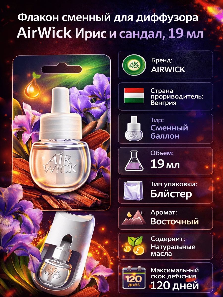 Флакон сменный для диффузора AirWick Ирис и сандал, 19мл