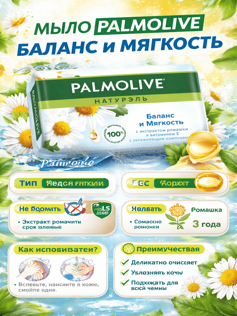 Мыло туалетное твердое Palmolive Натурэль Баланс и Мягкость с экстрактом ромашки и витамином Е, 90г
