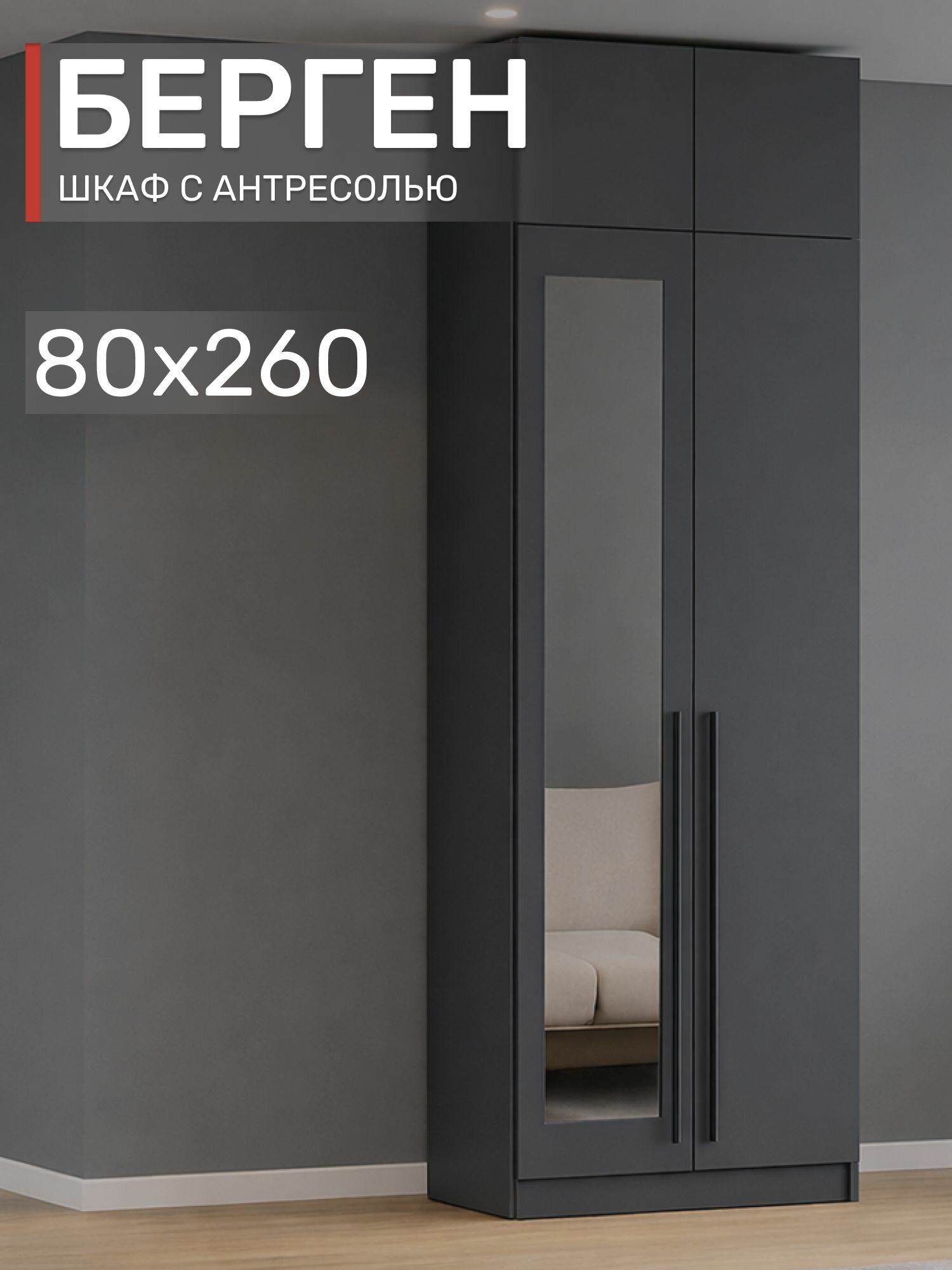 Шкаф распашной с полками, зеркалом и антресолью, 80х260х52, Берген ШК-800.2, Графит
