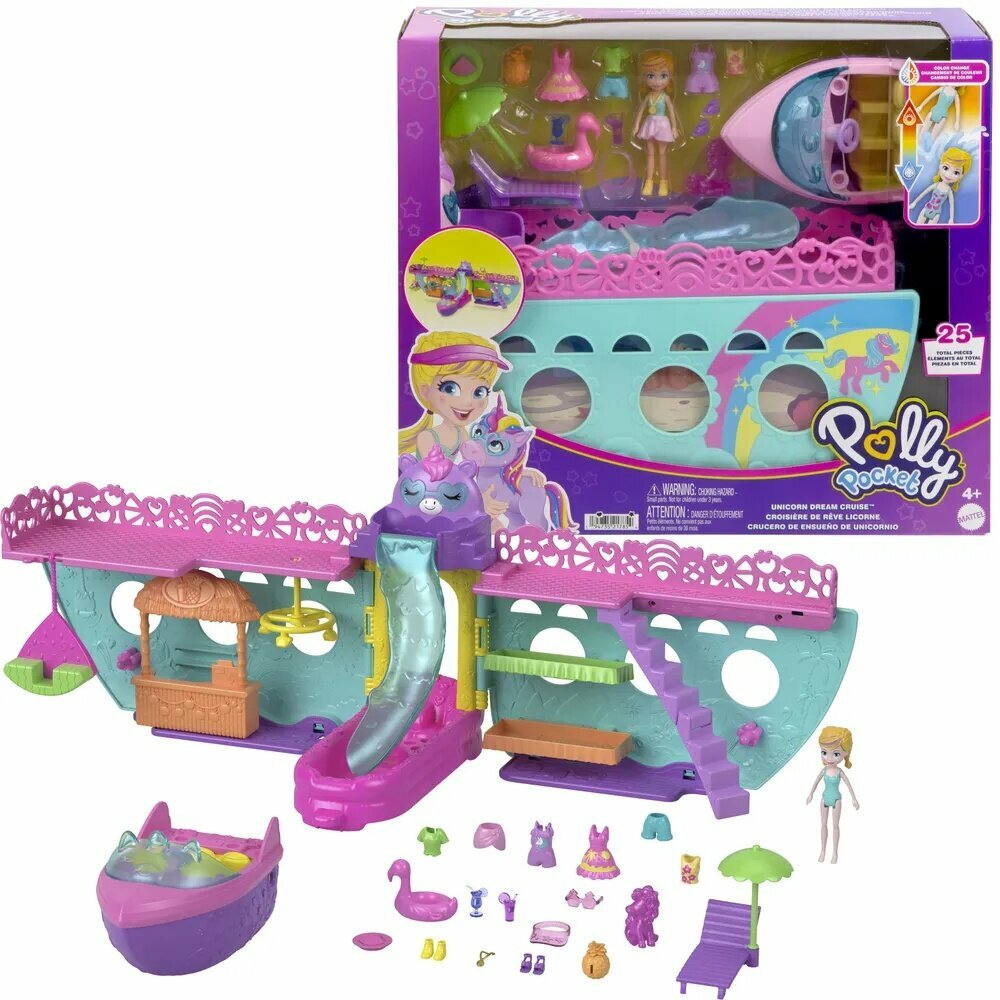 Мотоциклетные и тропические аксессуары Polly Pocket Flamingo, игровой набор Фруктовый караван, игровой набор Лодка-единорог