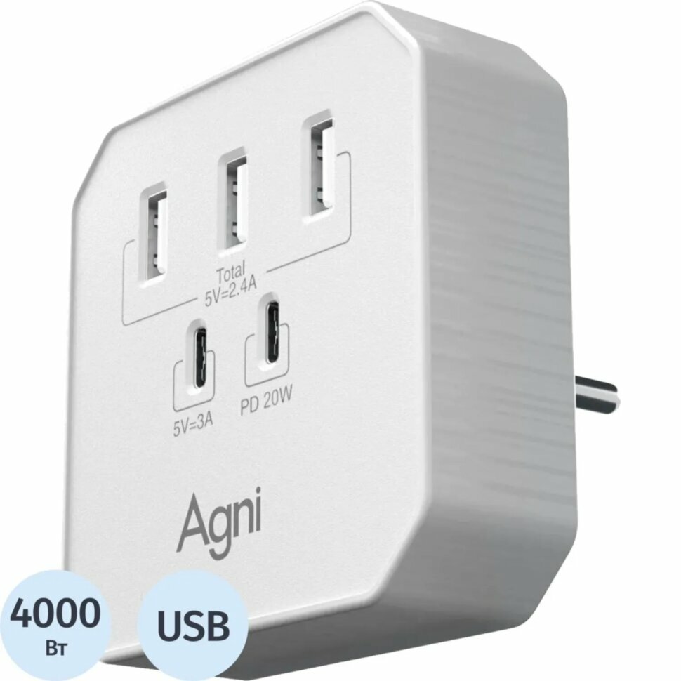 Тройник AGNI USB-A,2 USB-C, белый(TP-WB2U3E-white), 2444462