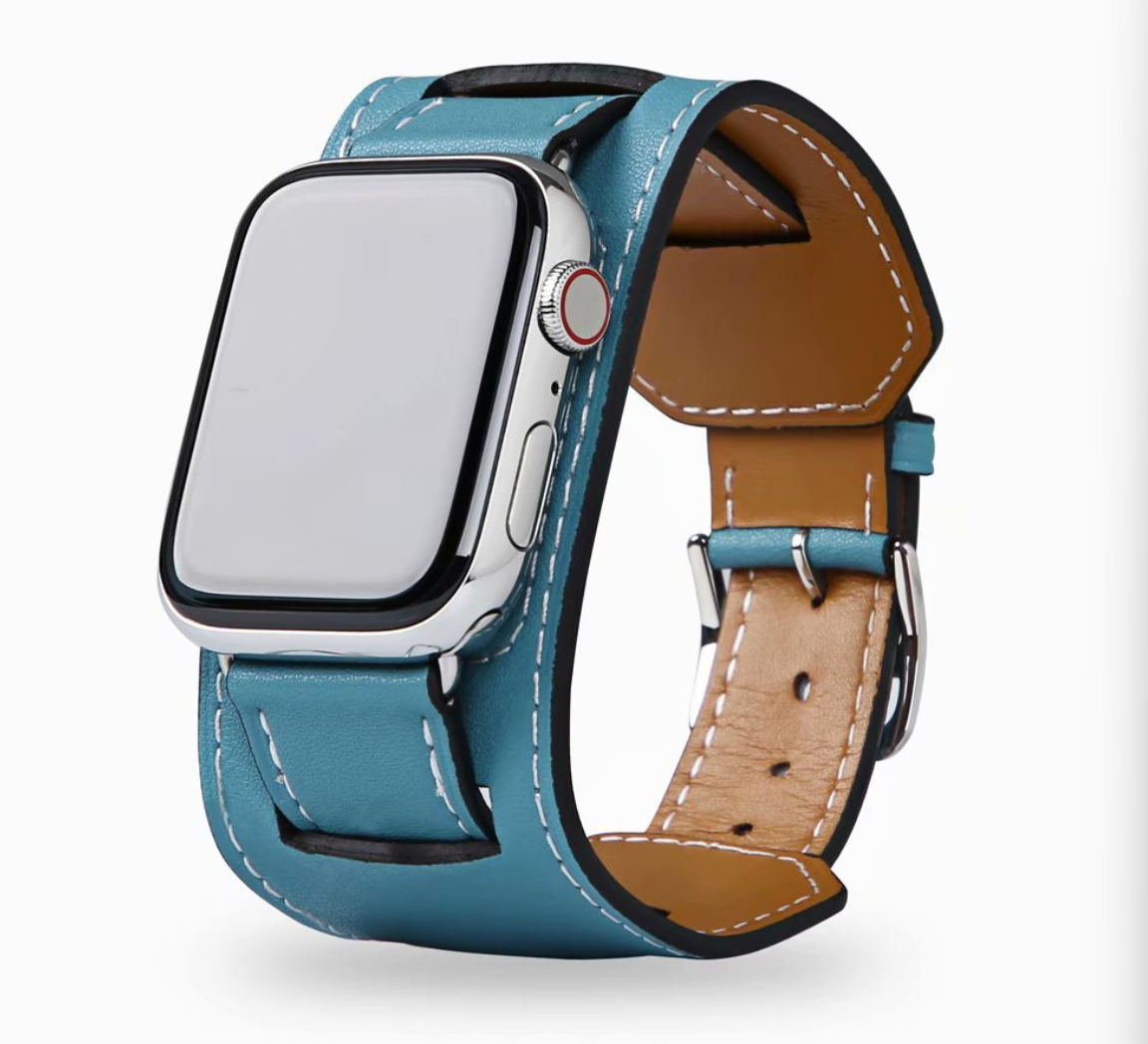 Широкий ремешок-напульсник из импортной кожи для Apple Watch 42mm синий