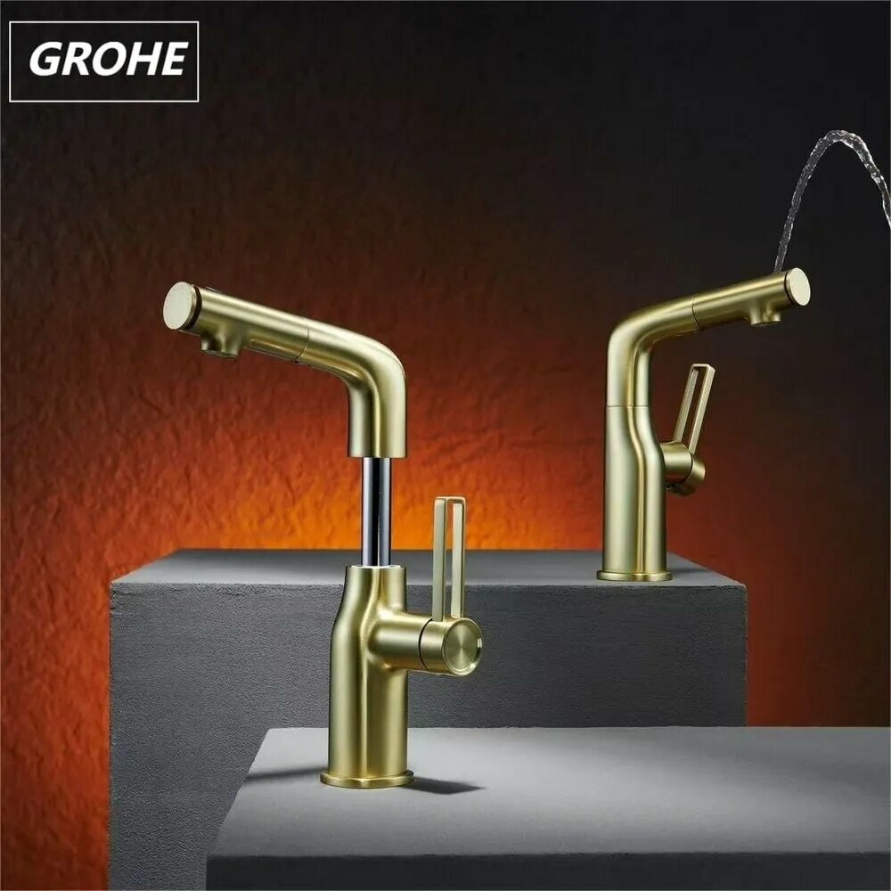 Немецкий смеситель для раковины GROHE light luxury для ванной комнаты с подъемным механизмом, медный смеситель для горячей и холодной воды