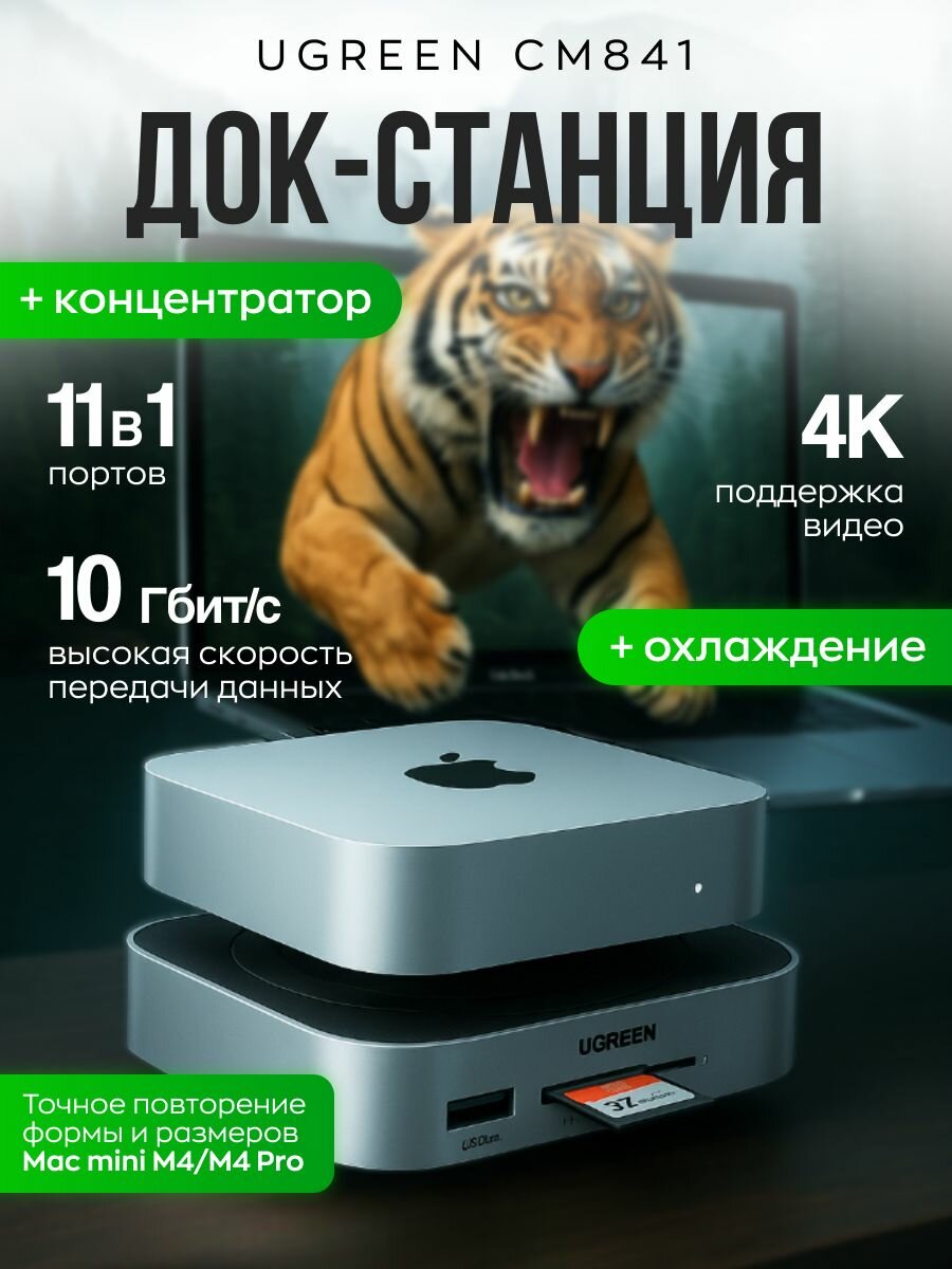 USB-Концентратор/Док-станция UGREEN 11-in-1 CM841 (65487), SSD, для Mac Mini M4/M4 Pro