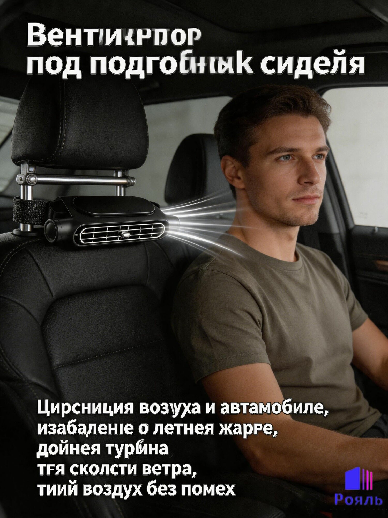 Автомобильный вентилятор на задние сиденья, двойной турбонаддув без лопастей, 3 скорости, 36 дБ, крепление на липучках не трясётся, USB Type-C 5V/2A, для пассажиров сзади.