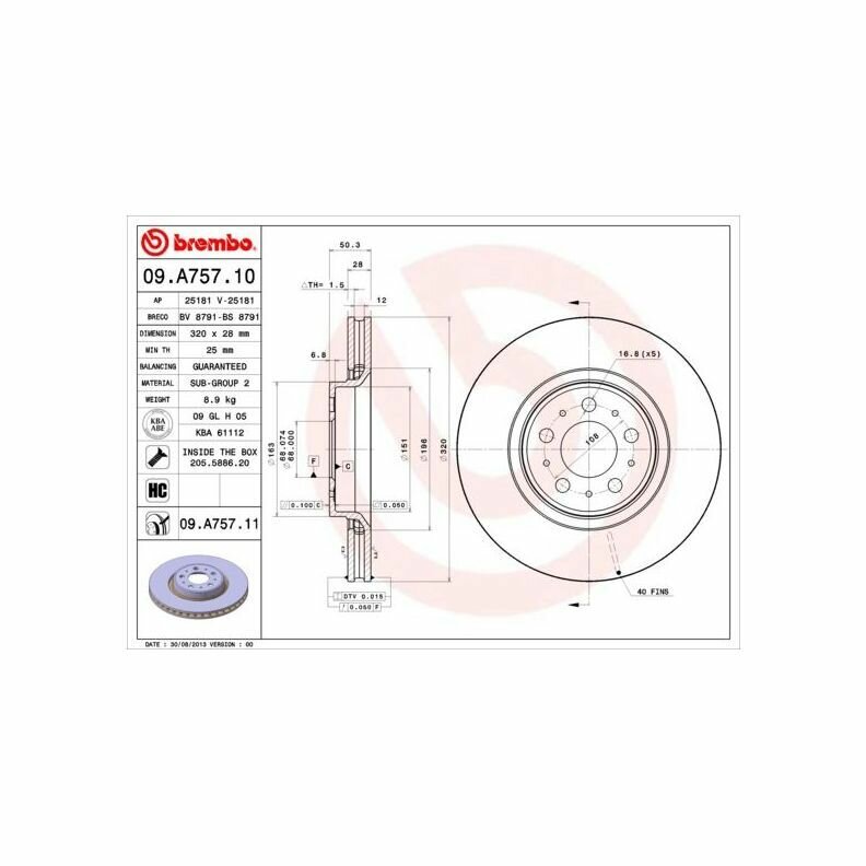 Диск тормозной вентилируемый передний BREMBO (09. A757.11) Prime UV Coated — фото 1