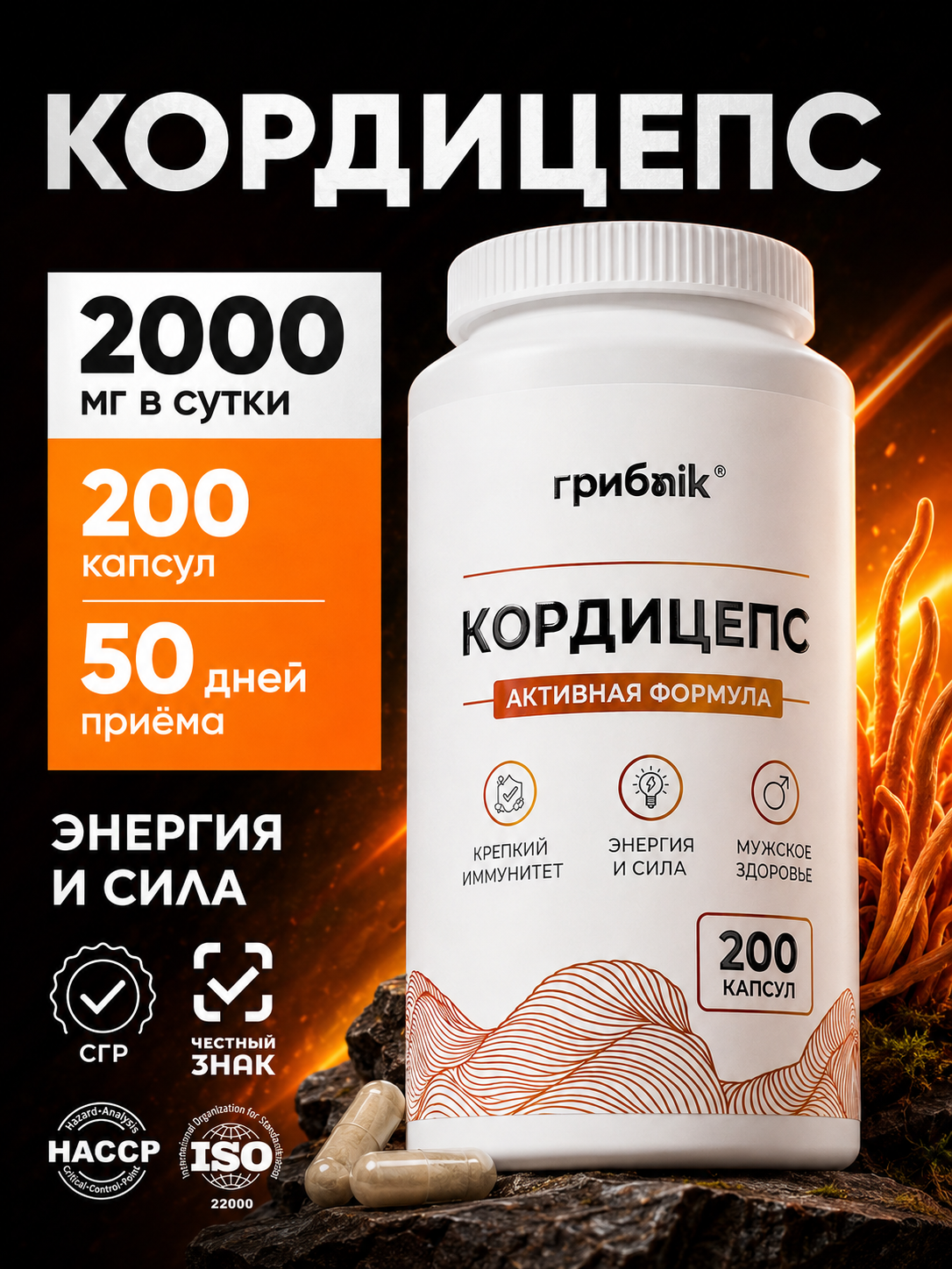 Кордицепс в капсулах, для иммунитета, энергии, 200 капсул по 600 мг от грибnik