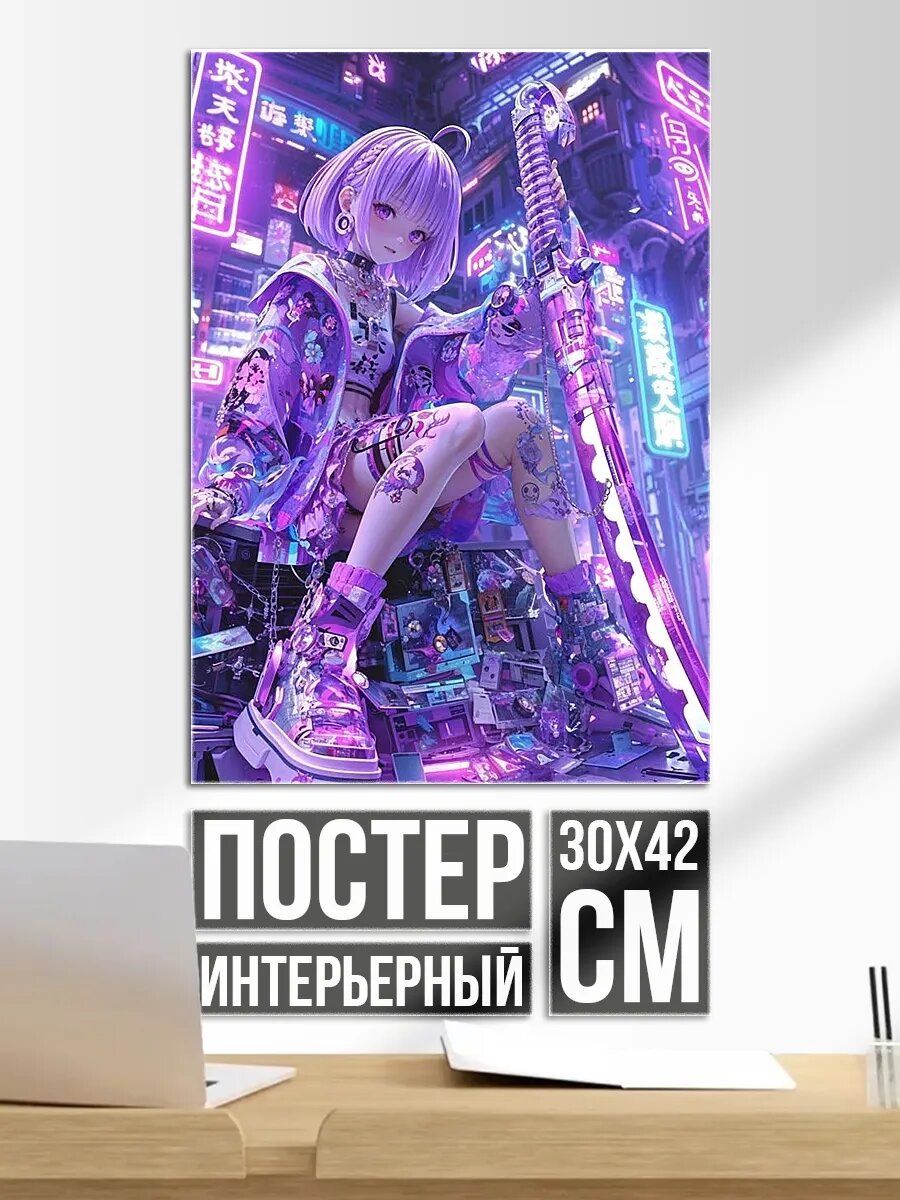 Плакат постер Киберпанк девушка с мечом