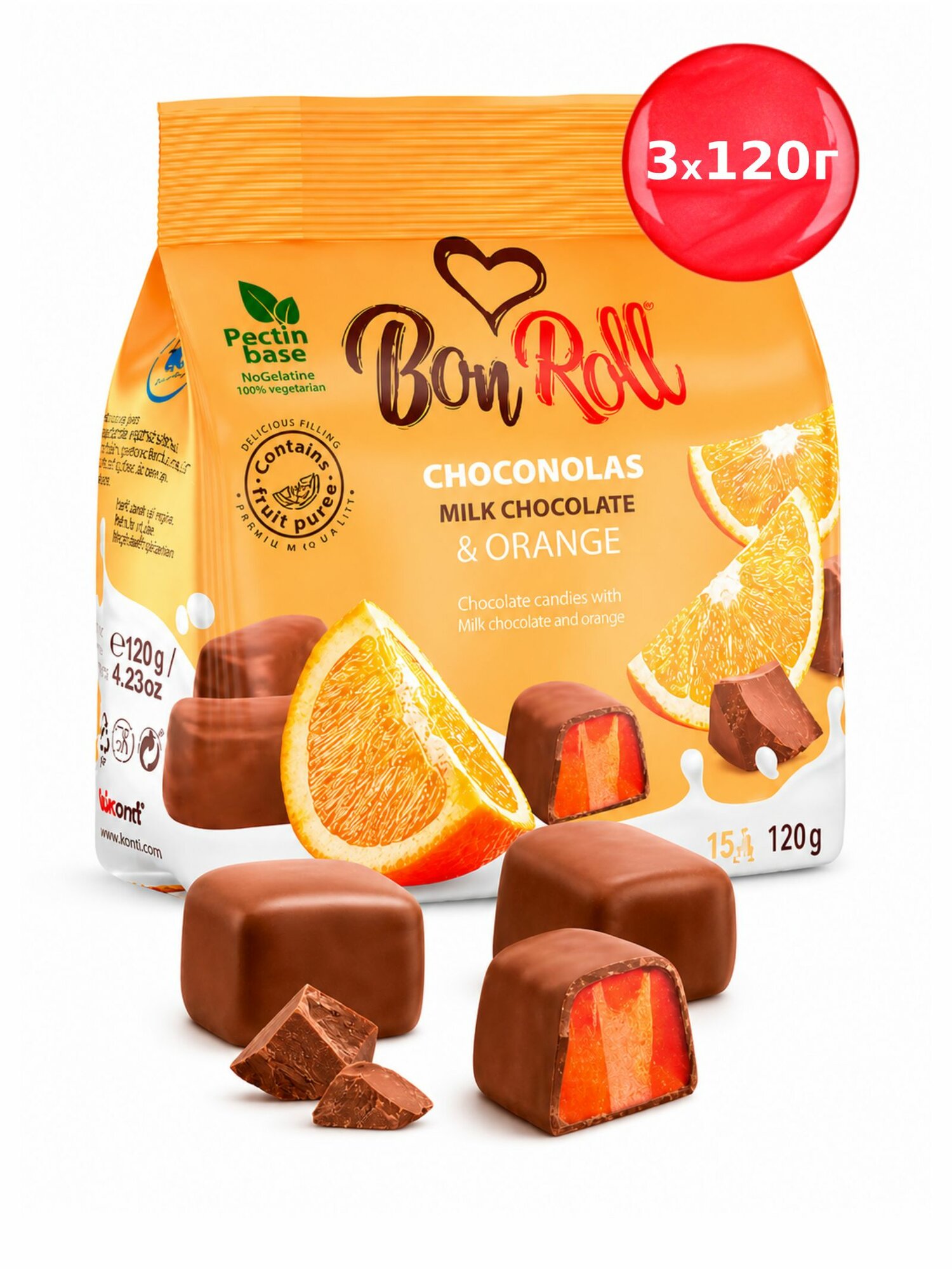 Конфеты Bon Roll желейные в молочном шоколаде со вкусом апельсина, 120 г х 3 шт