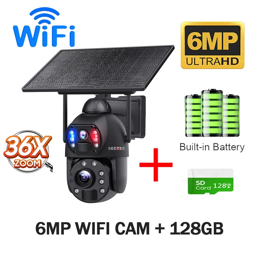 SECTEC 6MP 36X Зум Двойной обзор WIFI Солнечная батарейная камера 4G Солнечная наружная камера наблюдения PTZ Камера Солнечные камеры