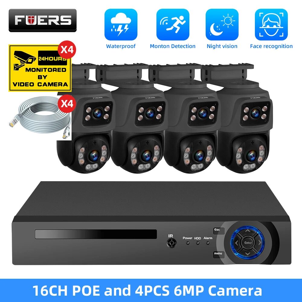 Система видеонаблюдения FUERS 16CH Poe 6MP Комплект видеонаблюдения Камера безопасности Камера PTZ Камера для улицы Двунаправленный аудио Полноцветная ночь