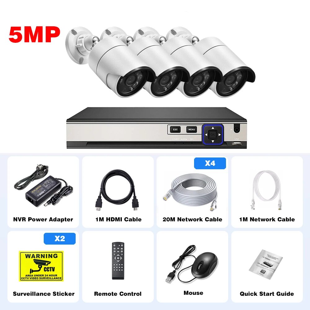 Система IP-камер Gadinan 10CH 5MP POE HD с регистратором NVR P2P с распознаванием лиц, детекцией движения, аудио и видеонаблюдением CCTV для безопасности