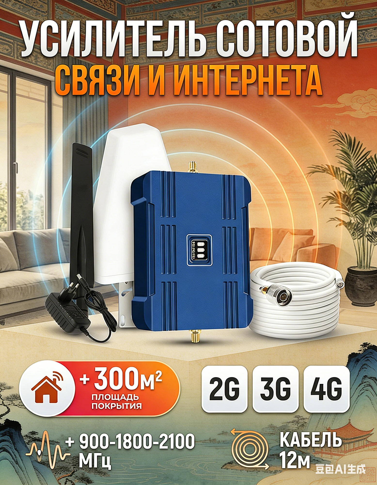Усилитель сотовой связи 900/1800/2100 МГц (2G/3G/4G): до 70 км, направленный, синий, 1.3 кг