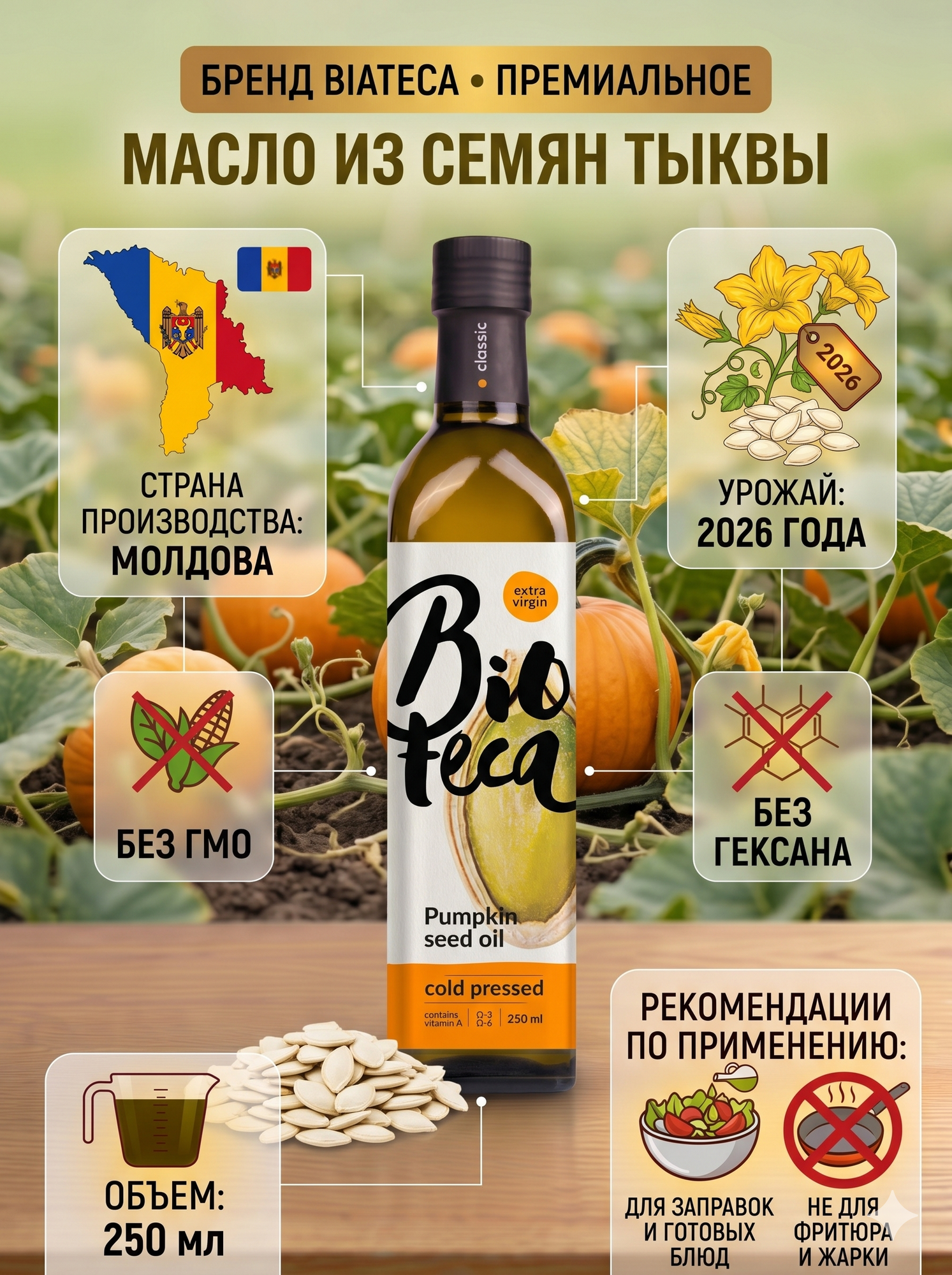 Масло растительное нерафинированное из семян тыквы Pumpkin Seed Oil холодного отжима 250 мл