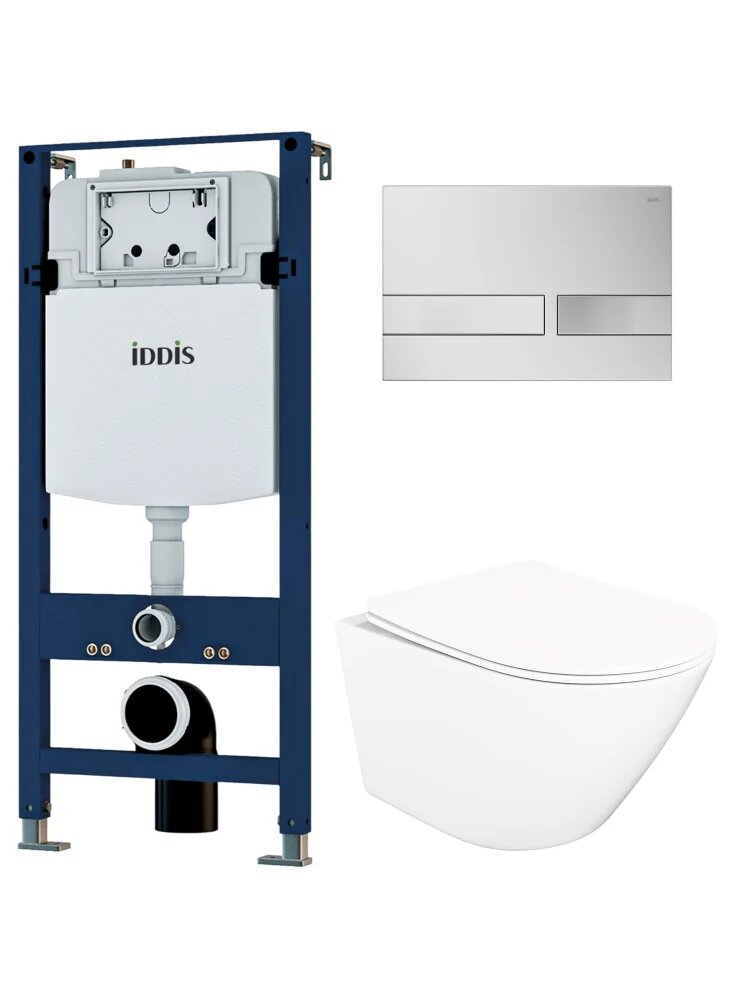 Комплект 4 в 1: Инсталляция IDDIS Профикс (Profix) PRO0000i32 / Унитаз подвесной STWORKI Левангер S07401WH безободковый, с микролифтом / Кнопка Юнификс (Unifix) UNI06CHi77, Комплект креплений