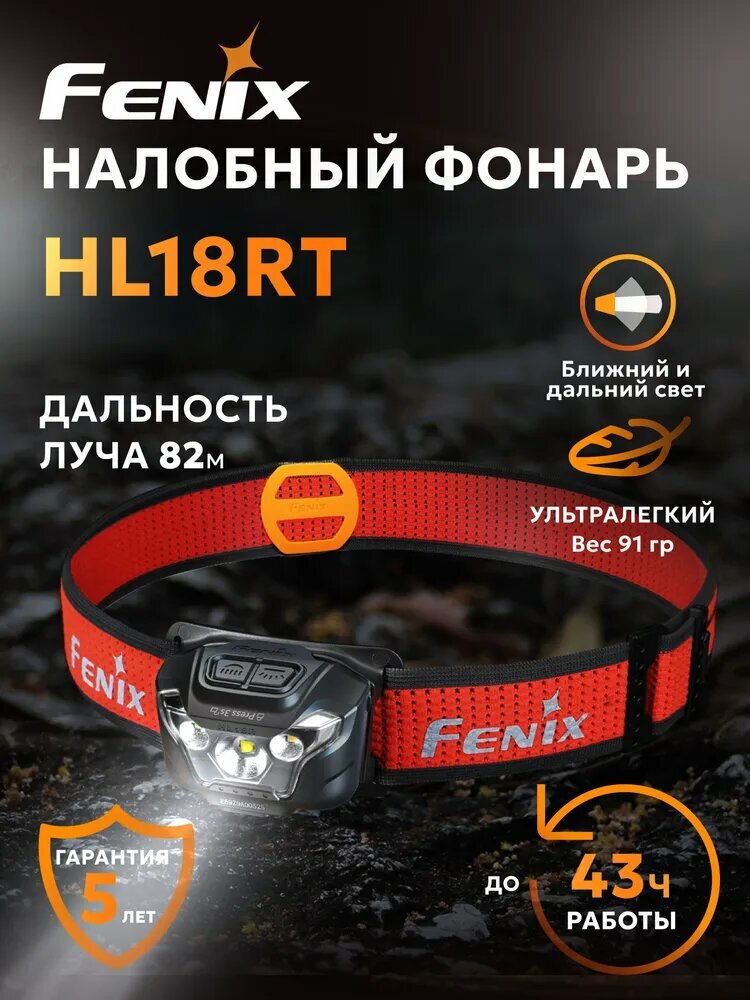 Налобный фонарь Fenix HL18R-T, 500 лм, Li-Pol аккумулятор, 3 режима, индикация заряда, крепление